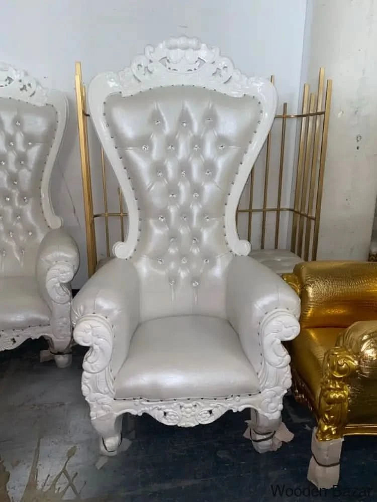 Luxurious High Back Throne Chair (White Pearl) | Wooden Bazar