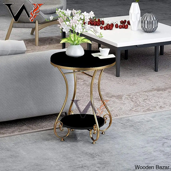 WOODISH Round Metal Side End Table in Lay Top Home Decor Accent Furniture for Living Room Bedroom Office .Golden Black